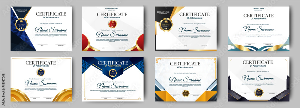 Certificates of achievement template with luxury badge. Eight choice of ...