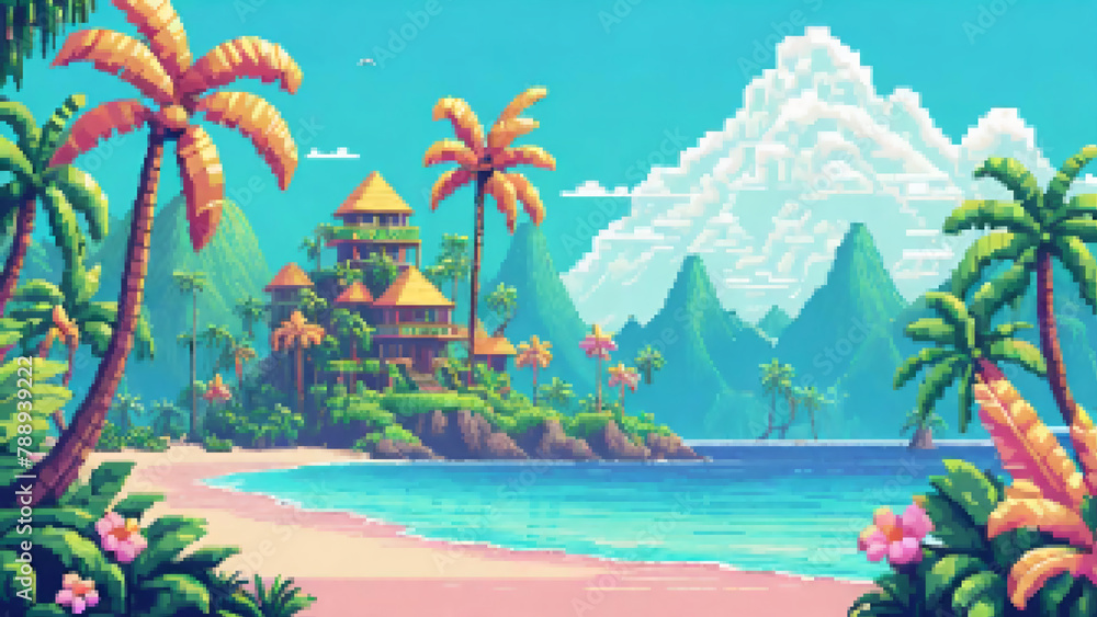 Tropical beach with palm trees pixel art Stock Illustration | Adobe Stock