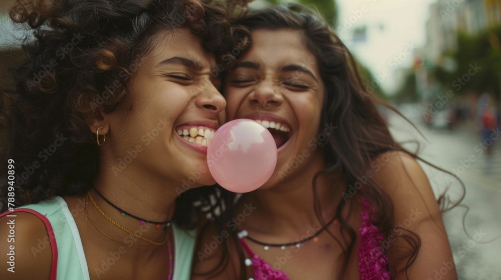 Young Latina woman laughs while friend blows chewing gum Closed faces ...