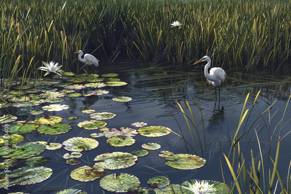 A vibrant wetland ecosystem with marsh grasses, water lilies and herons ...