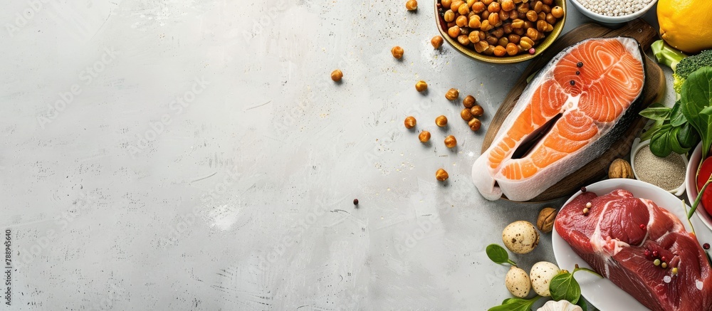 Image of high-protein foods from a top perspective, emphasizing a ...