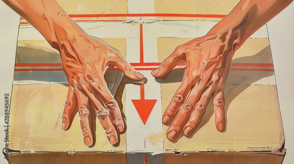 Closeup of a poster depicting a pair of hands lifting a heavy box with ...