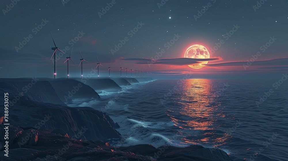 Nighttime scene of illuminated wind turbines on coastal cliffs, moonlit ...