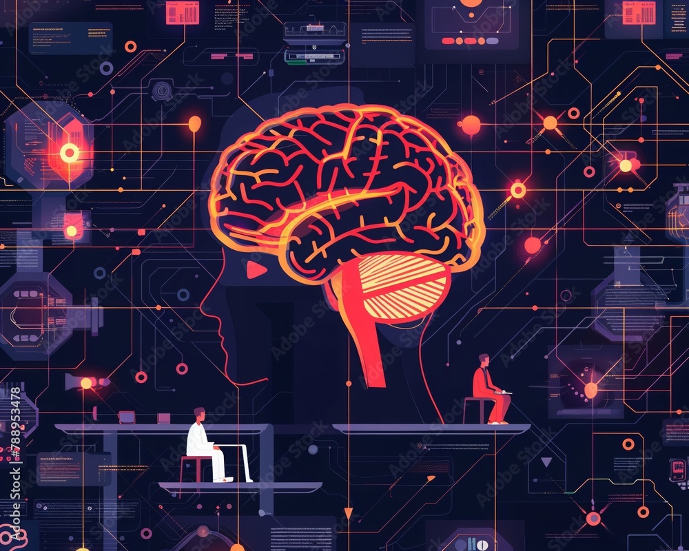 AIdriven brain simulation on screen, birdseye, intricate neural ...