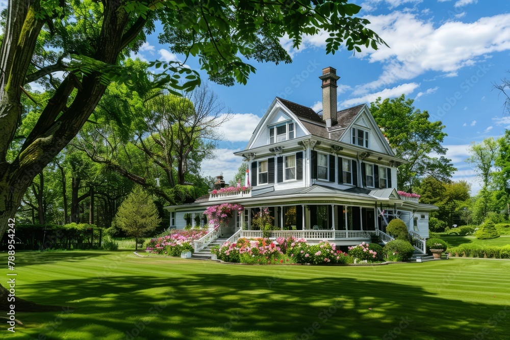An elegant Victorian estate with sprawling lawns and formal rose ...