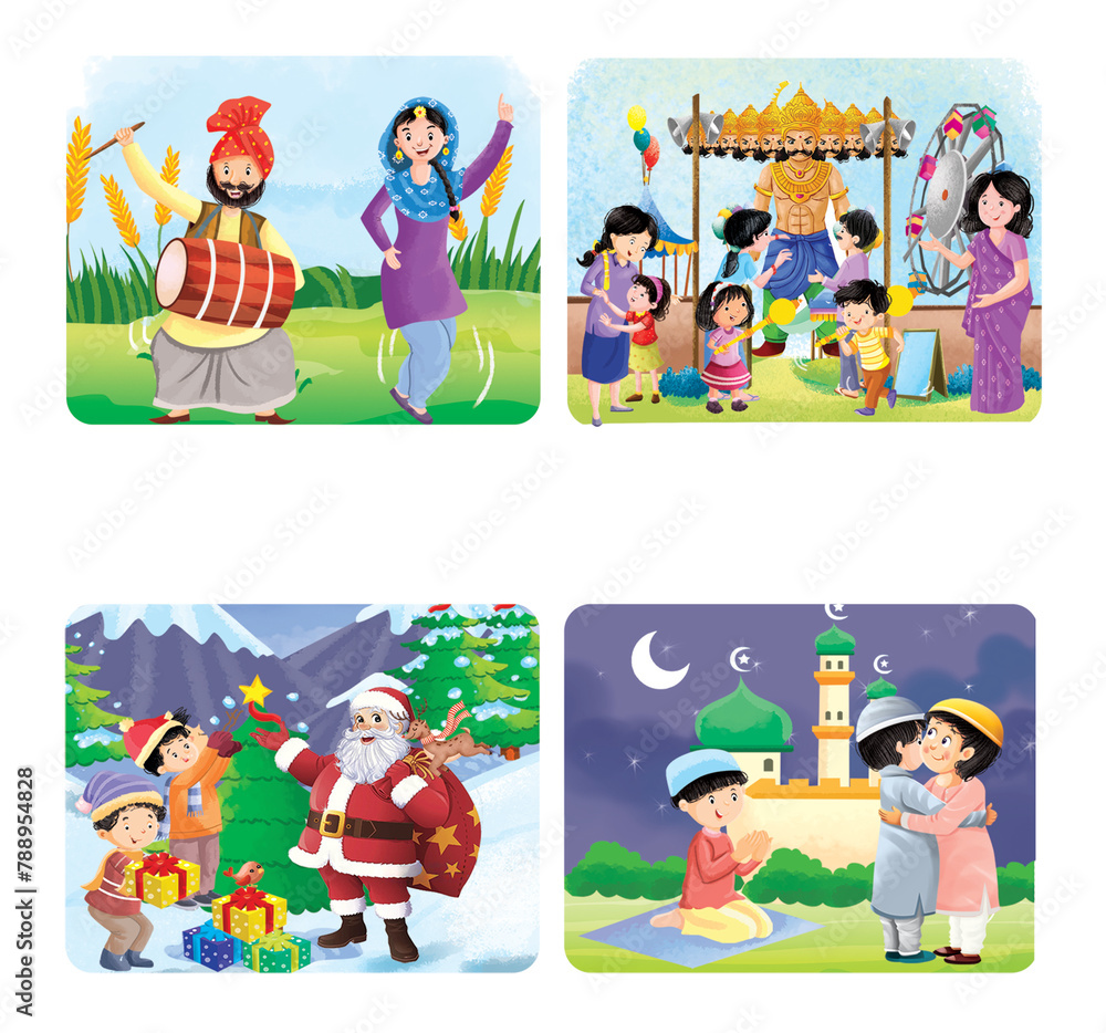 religious festivals baisakhi dussehra chirstmas eid hand drawn ...