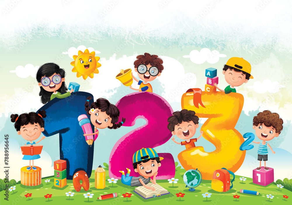 children playing with numbers maths title hand drawn illustration Stock ...