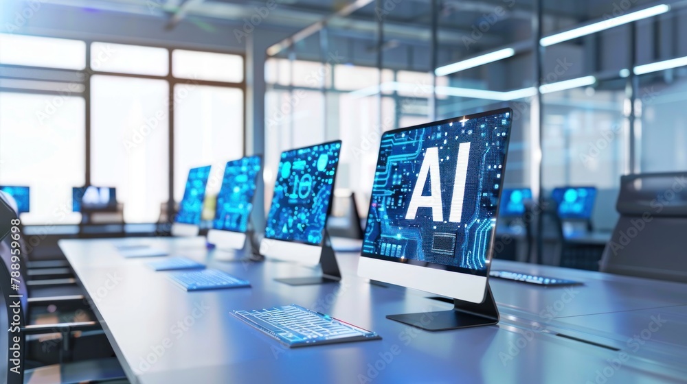 A modern office setup with sleek CPU computers featuring subtle 3D "AI ...