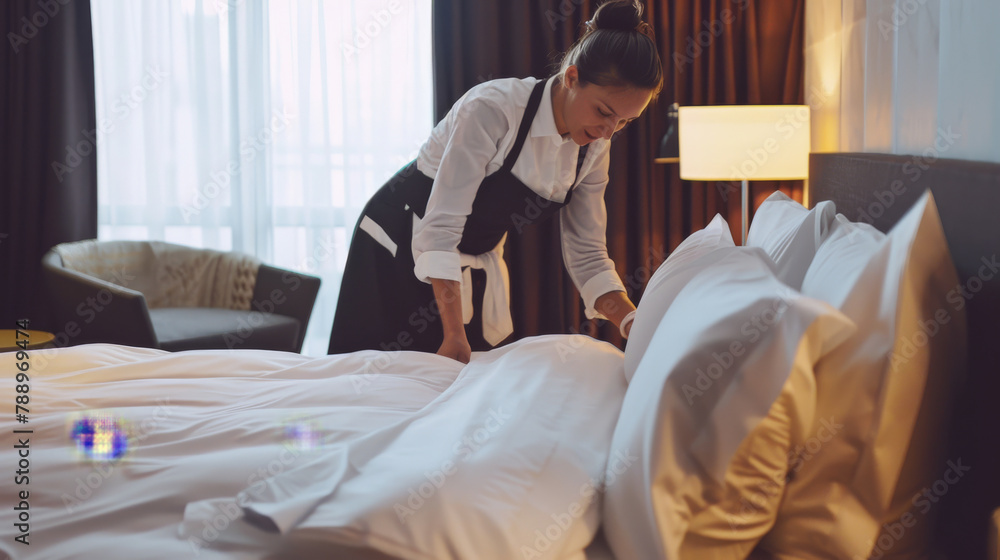 Female housekeeper making the bed in a modern design hotel room, the ...