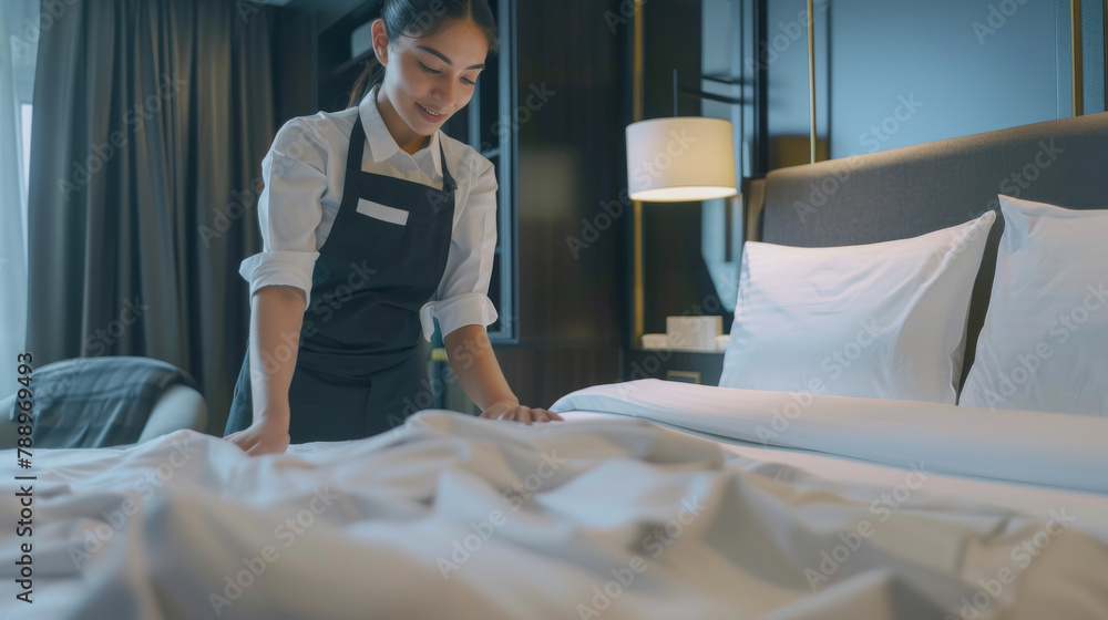 Female housekeeper making the bed in a modern design hotel room, the ...