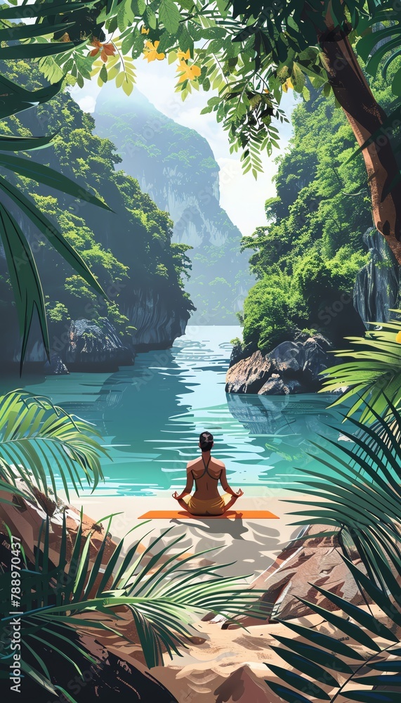 Design a detailed vector artwork of a serene yoga retreat set amidst breathtaking natural ...