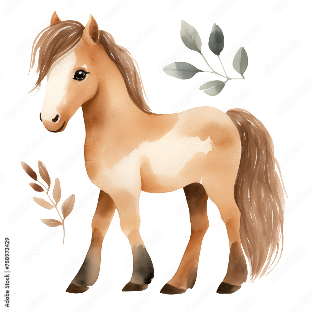 Watercolor cute farm horse illustration, Brown pony clipart Stock ...