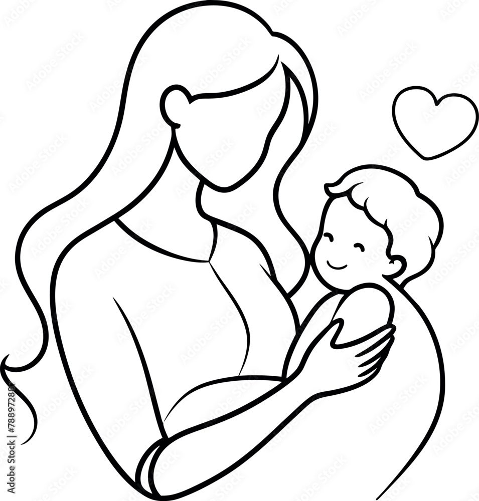 drawing of a mother holding her baby, single line drawing, one line ...
