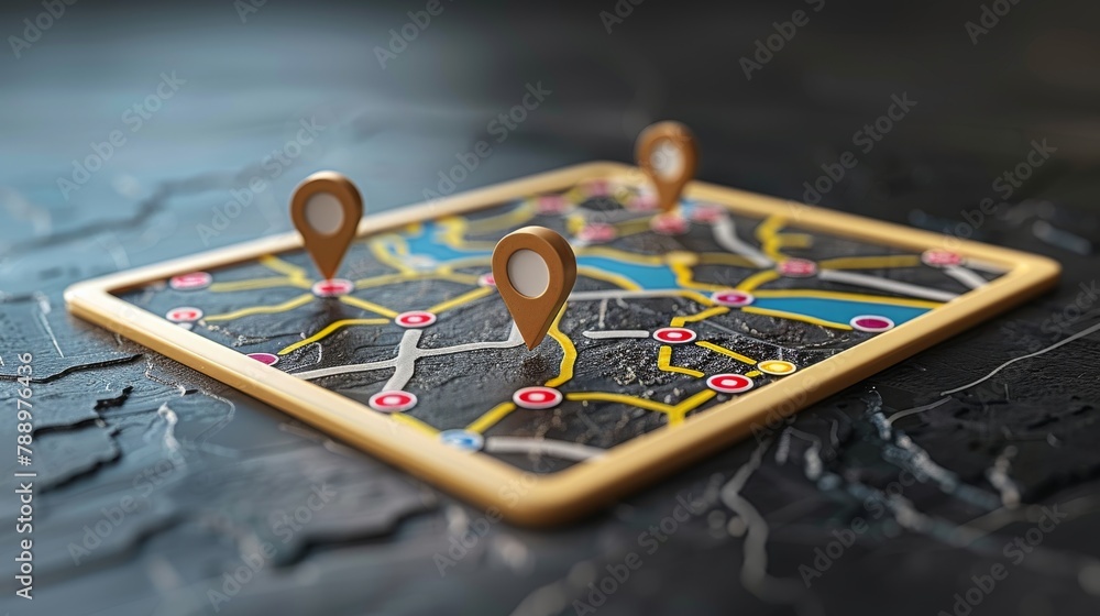 A digital tablet displays a navigation map with multiple location pins ...