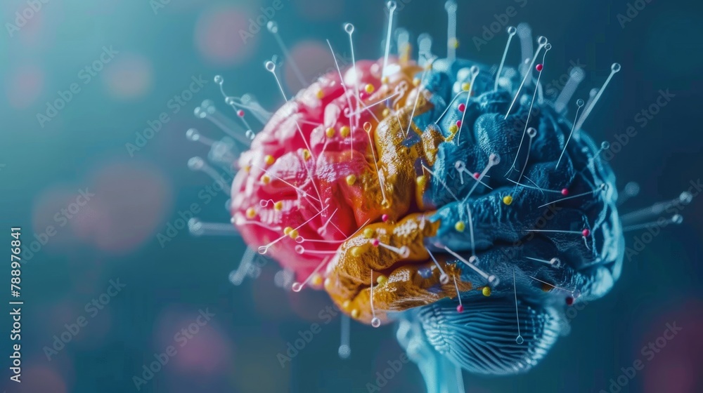A detailed 3D model of a human brain with multicolored pins ...