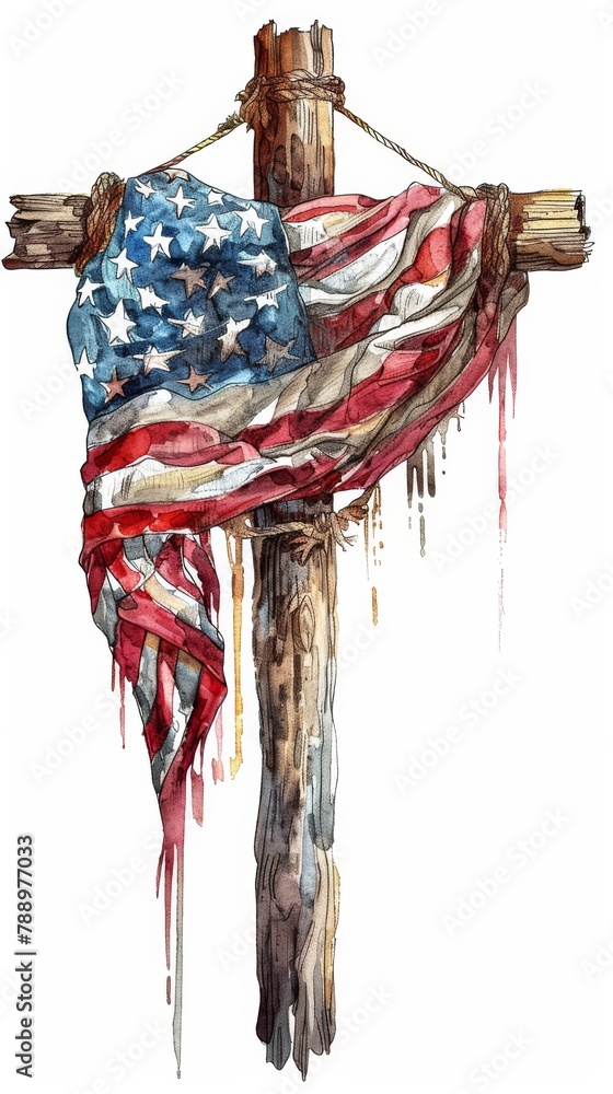 An artistic depiction of a tattered American flag hanging from a wooden ...