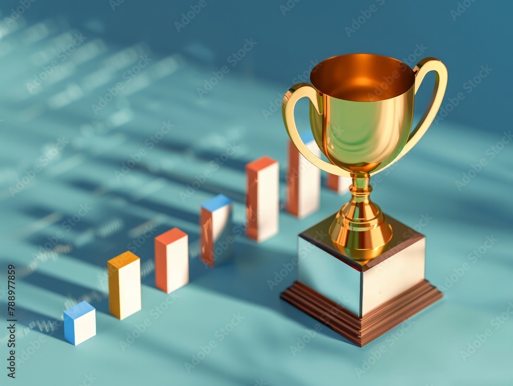 A golden trophy casting its shadow over a series of bar graphs, each ...