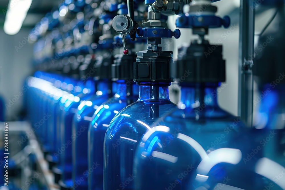 Blue oxygen tanks. Bundle of gas cylinder and high pressure gauges ...