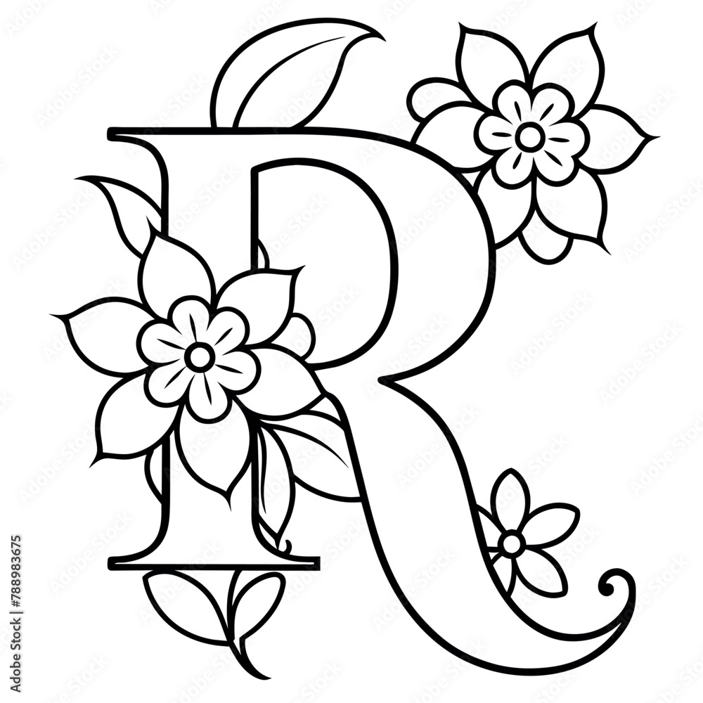 Alphabet R coloring page with the flower, R letter digital outline ...