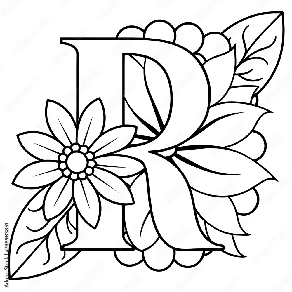 Alphabet R coloring page with the flower, R letter digital outline ...