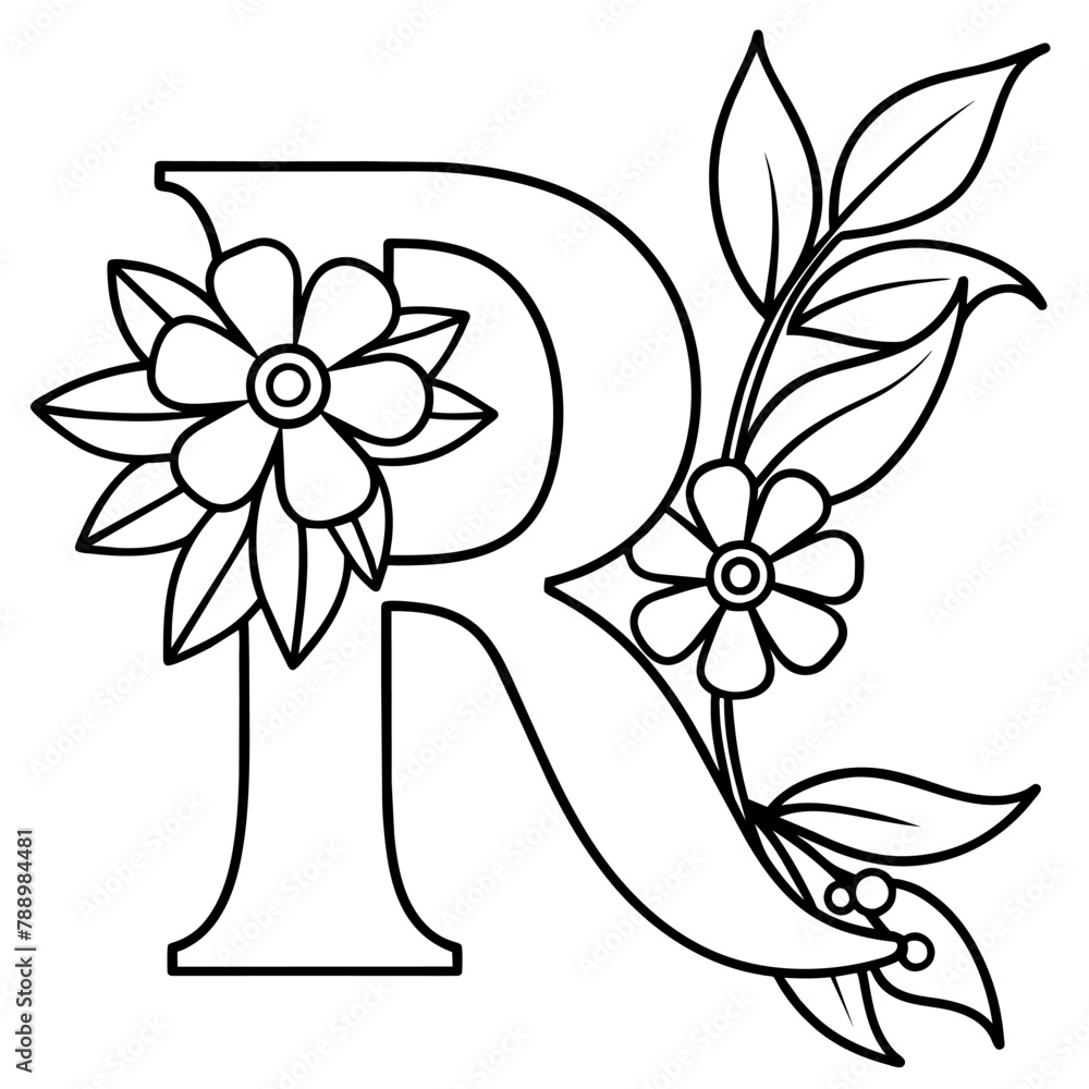 Alphabet R coloring page with the flower, R letter digital outline ...