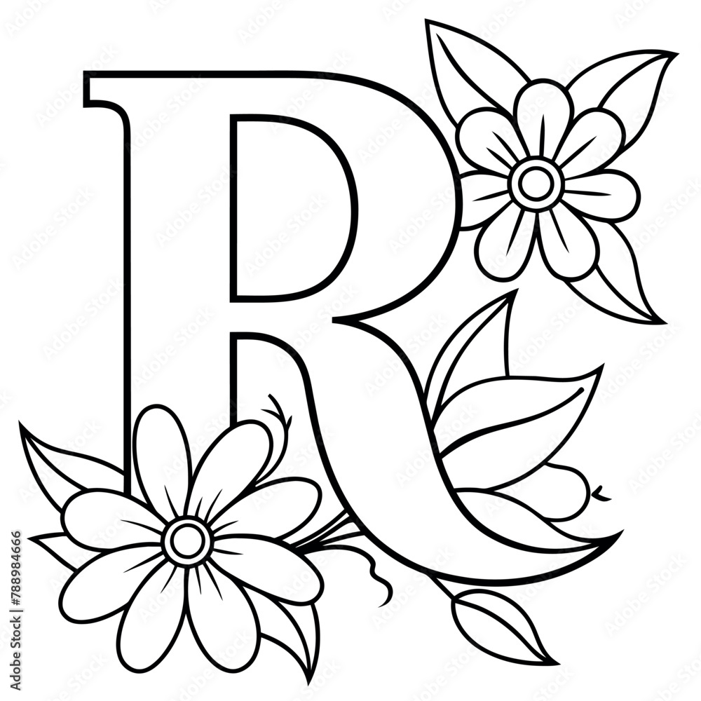 Alphabet R coloring page with the flower, R letter digital outline ...