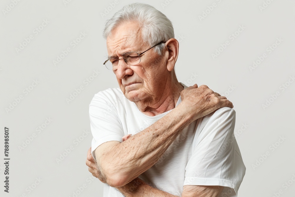 Senior man with shoulder, upper arm pain. Human body health problem ...