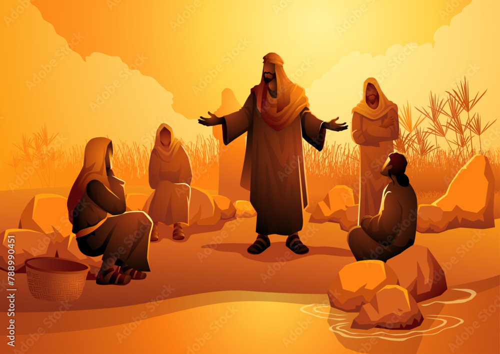Biblical vector illustration series, Paul and his companions meet Lydia ...