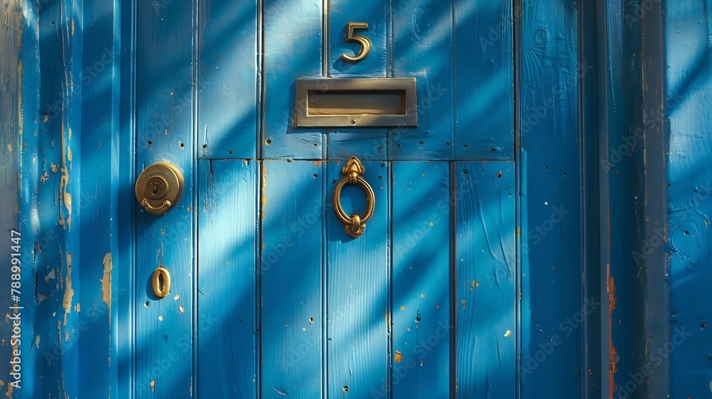 House number 51 on a blue wooden front door in golden metal digits ...
