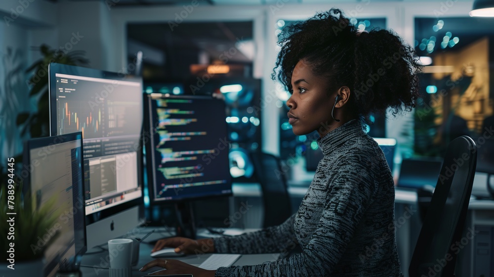 Dedicated female programmer fine-tuning software code at ergonomic ...