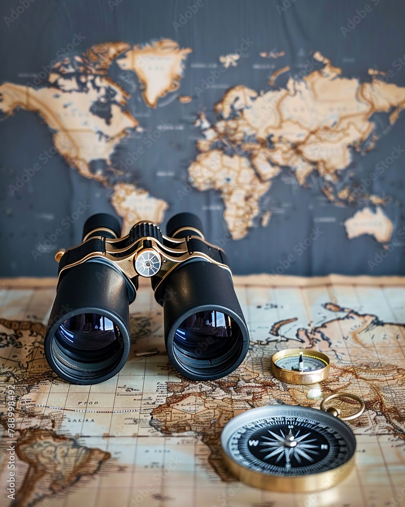A pair of binoculars and a compass on a world map, guiding the path for ...