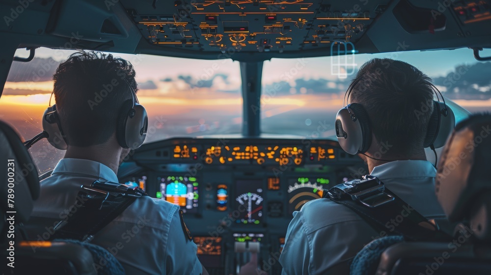 Pilot and co-pilot in aircraft cockpit planning eco-friendly routes to ...