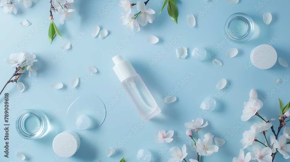 Beauty background with facial cosmetic products leaves and cherry ...