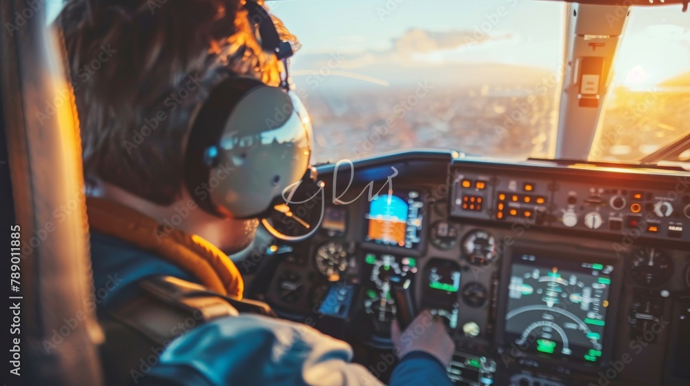 Pilot and co-pilot in aircraft cockpit discussing eco-friendly flight ...