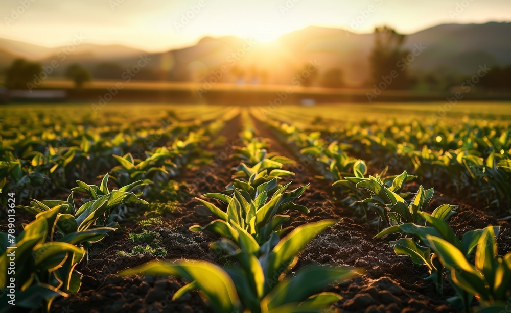 Organic farm field at sunrise, showcasing sustainable agriculture ...