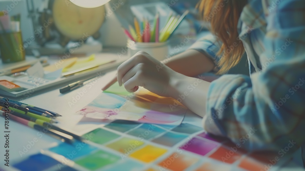 Creative people workplace Closeup view of hands of young designer woman ...