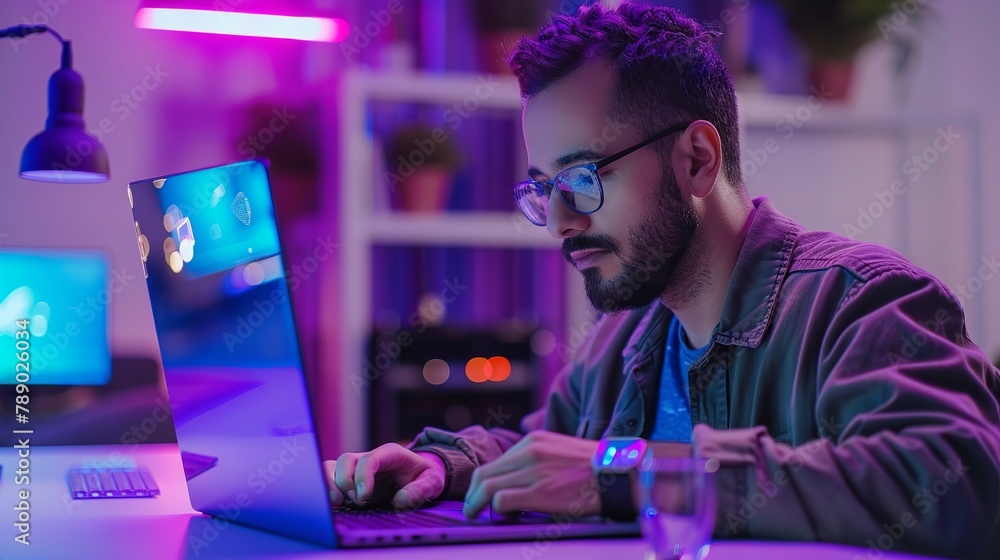 Focused software developer engaged in code creation on laptop at minimalist white workstation in ...