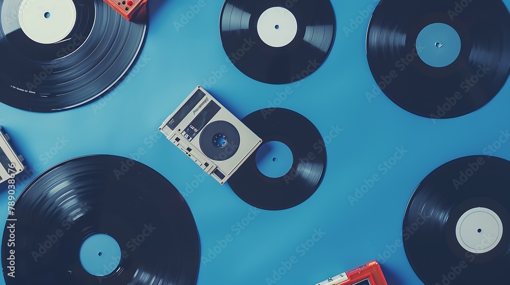 Music flat lay objects with vinyl records and cassette tapes on a blue ...