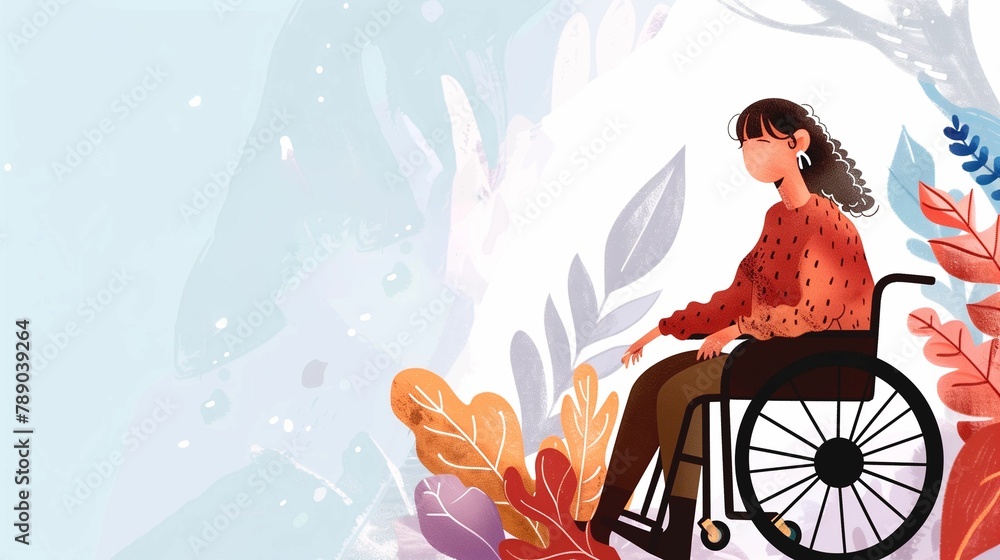Cute illustration of a girl sitting in a wheelchair among flowers on a ...