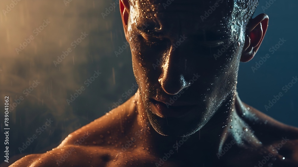 Portrait of a sweaty and muscular man breathing hard on the hard work ...