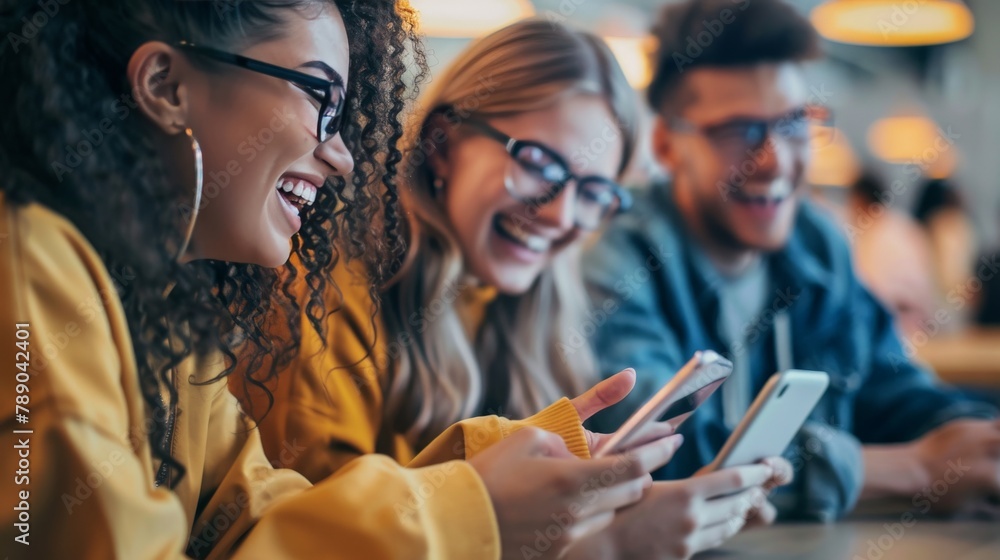 A group of people using electronic devices. The people are smiling and ...