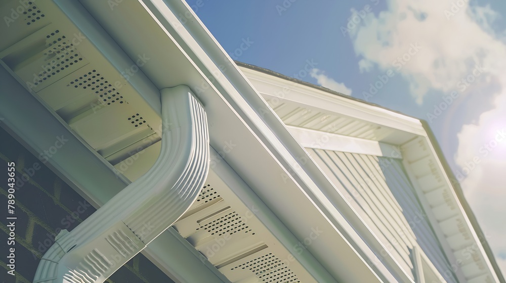 Close up of white frame gutter guard system eaves through fascia drip ...