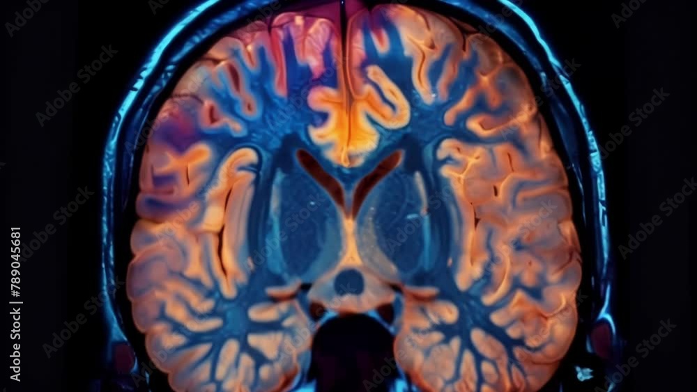 Closeup of a patients brain scan showing regions of increased activity ...
