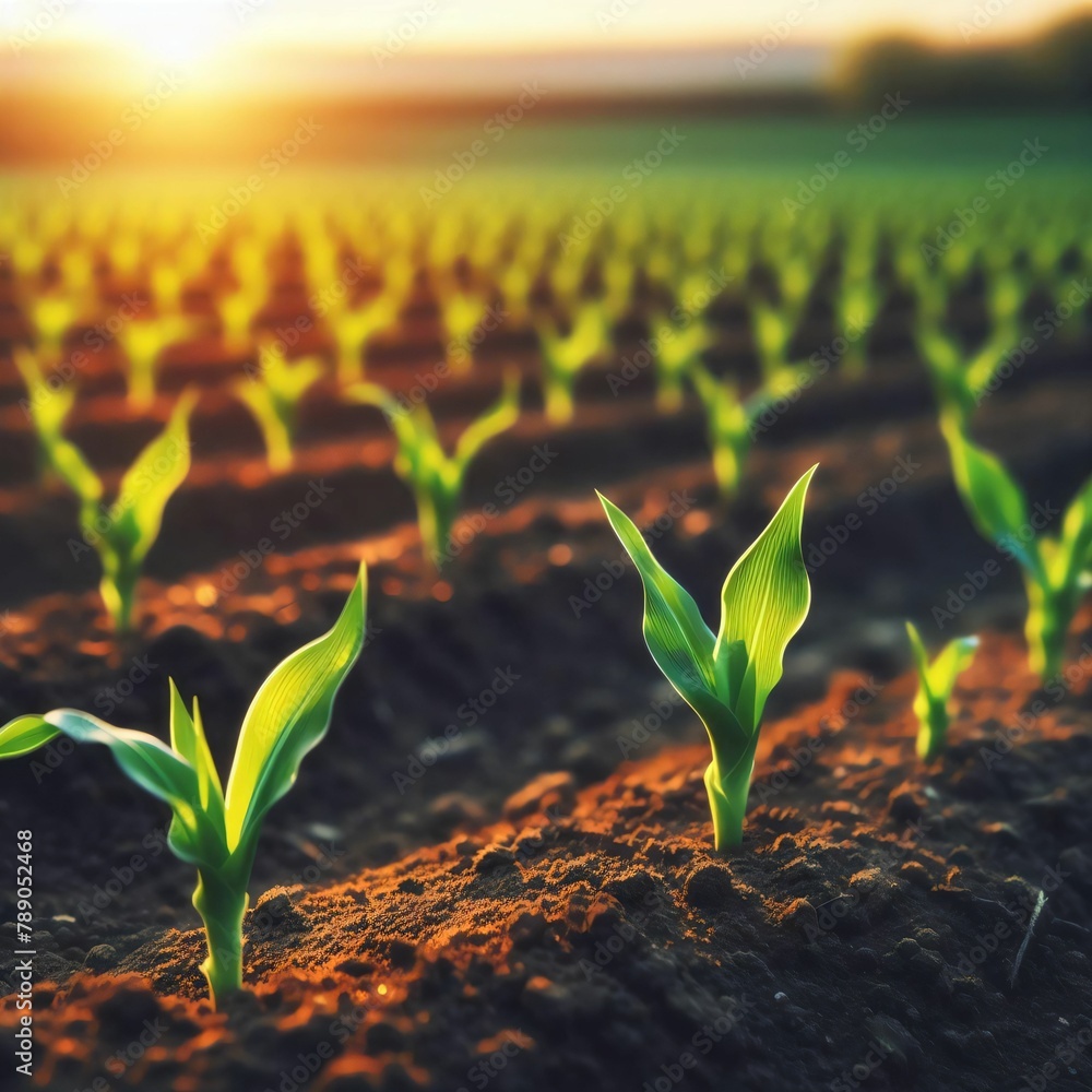 Springtime cornfield with new green shoots in soft focus. Young green ...