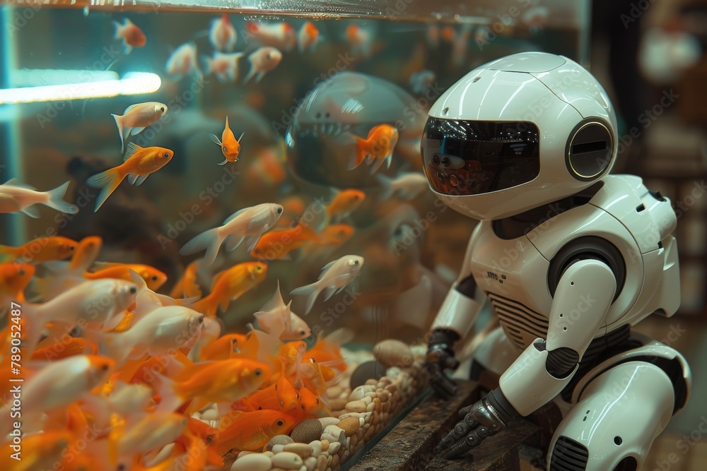 AI robot sitting near a goldfish aquarium Stock Photo | Adobe Stock
