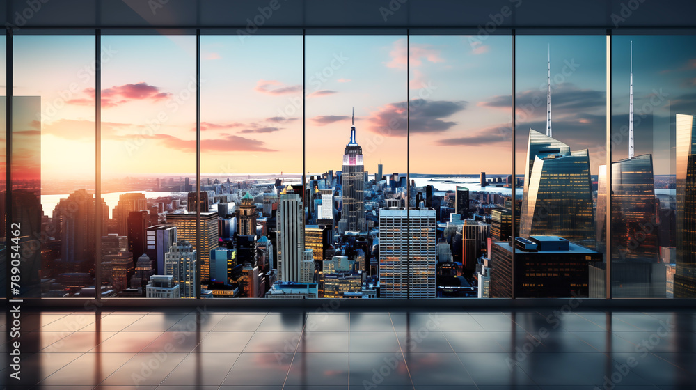 Office building glass and city skyline, indoors, room, modern office ...