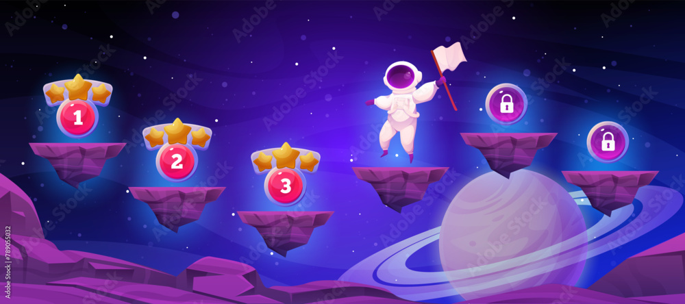 Game map. Astronaut progress level. Planet 2D background. UI computer ...