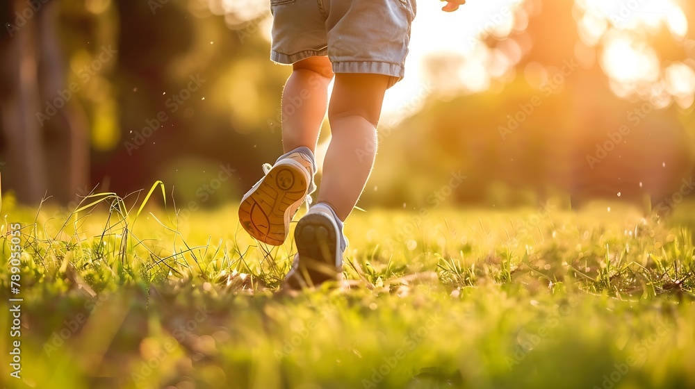 kid run legs closeup in park at sunset happy family people in the park ...