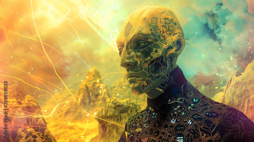 Sci-fi scene of a humanoid alien with skin embedded with nanotechnology ...