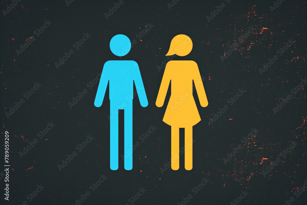 Iconic representation of male and female figures on a distressed black ...